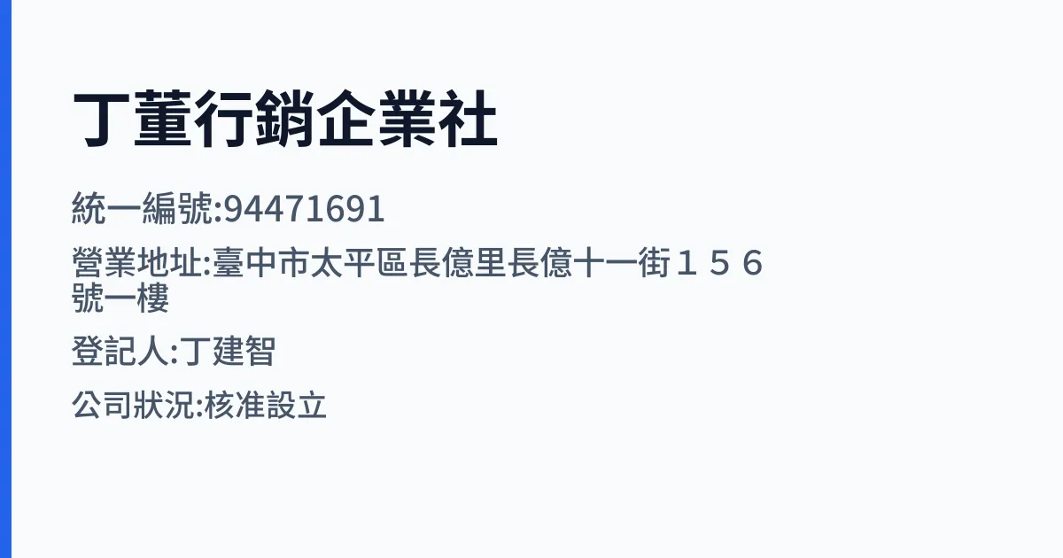丁董行銷企業社 - 統編 94471691(臺中市) 公司登記資料與營業項目詳細圖表