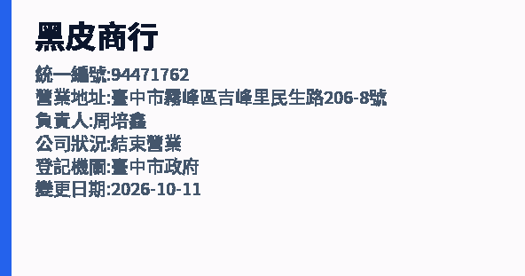 黑皮商行的照片-統編 94471762(臺中市) 公司登記資料與營業項目詳細圖表