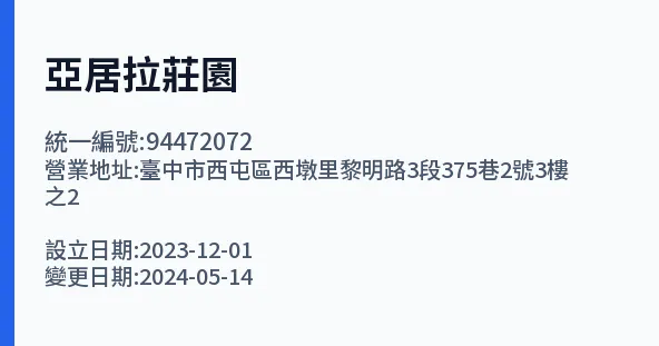 亞居拉莊園的照片-統編 94472072(臺中市) 公司登記資料與營業項目詳細圖表