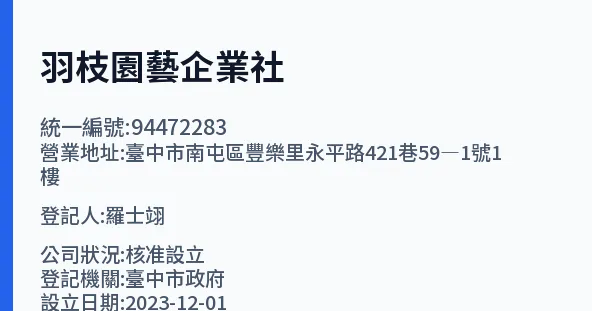 羽枝園藝企業社的照片-統編 94472283(臺中市) 公司登記資料與營業項目詳細圖表