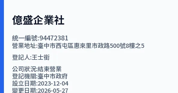 億盛企業社的照片-統編 94472381(臺中市) 公司登記資料與營業項目詳細圖表