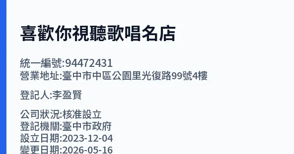 喜歡你視聽歌唱名店的照片-統編 94472431(臺中市) 公司登記資料與營業項目詳細圖表