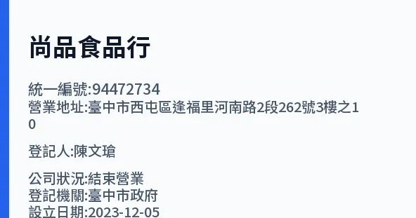 尚品食品行的照片-統編 94472734(臺中市) 公司登記資料與營業項目詳細圖表