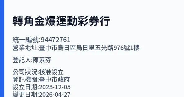 轉角金爆運動彩券行的照片-統編 94472761(臺中市) 公司登記資料與營業項目詳細圖表