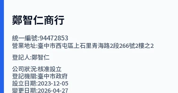 鄭智仁商行的照片-統編 94472853(臺中市) 公司登記資料與營業項目詳細圖表