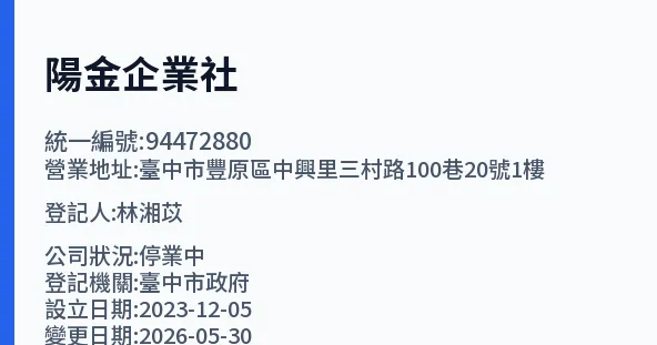 陽金企業社的照片-統編 94472880(臺中市) 公司登記資料與營業項目詳細圖表