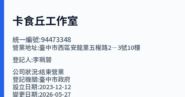 卡食丘工作室的照片-統編 94473348(臺中市) 公司登記資料與營業項目詳細圖表