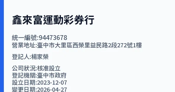 鑫來富運動彩券行的照片-統編 94473678(臺中市) 公司登記資料與營業項目詳細圖表