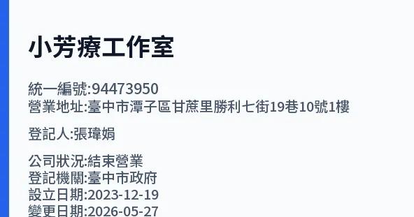 小芳療工作室的照片-統編 94473950(臺中市) 公司登記資料與營業項目詳細圖表