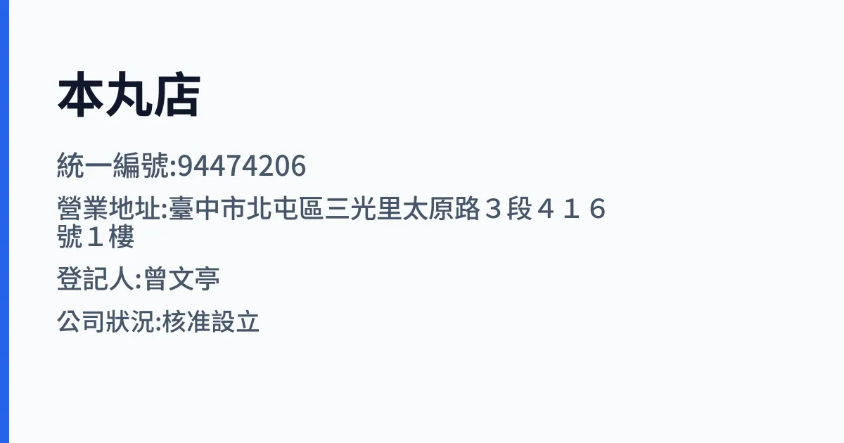 本丸店 - 統編 94474206(臺中市) 公司登記資料與營業項目詳細圖表