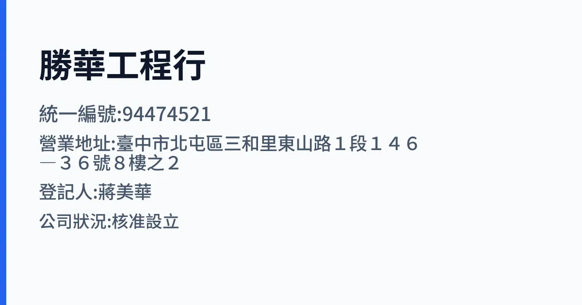勝華工程行 - 統編 94474521(臺中市) 公司登記資料與營業項目詳細圖表