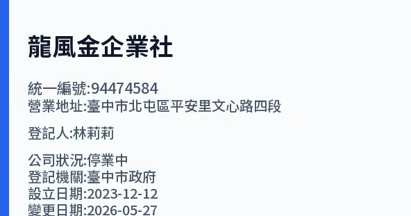 龍風金企業社的照片-統編 94474584(臺中市) 公司登記資料與營業項目詳細圖表