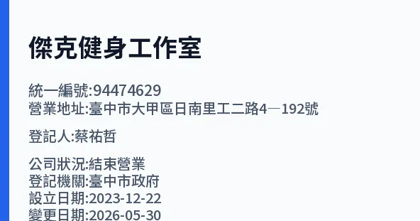 傑克健身工作室的照片-統編 94474629(臺中市) 公司登記資料與營業項目詳細圖表