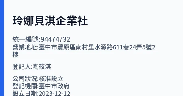 玲娜貝淇企業社的照片-統編 94474732(臺中市) 公司登記資料與營業項目詳細圖表