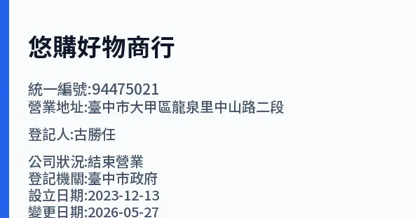 悠購好物商行的照片-統編 94475021(臺中市) 公司登記資料與營業項目詳細圖表
