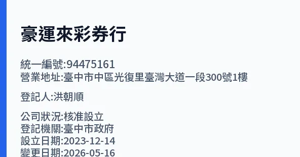 豪運來彩券行的照片-統編 94475161(臺中市) 公司登記資料與營業項目詳細圖表