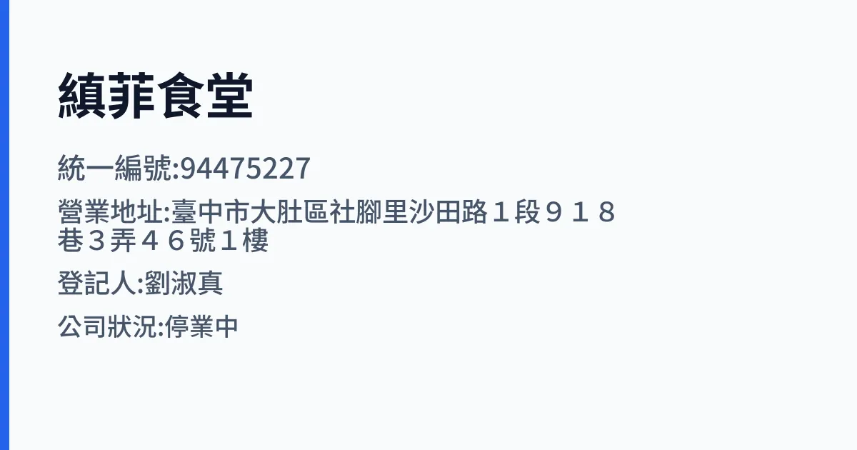 縝菲食堂 - 統編 94475227(臺中市) 公司登記資料與營業項目詳細圖表