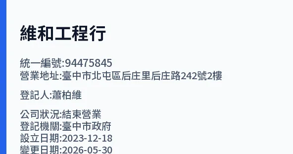 維和工程行的照片-統編 94475845(臺中市) 公司登記資料與營業項目詳細圖表