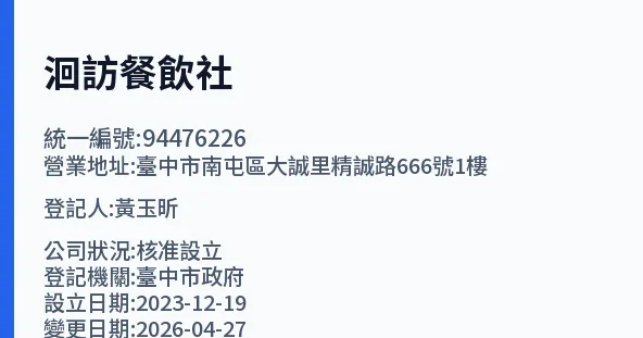 洄訪餐飲社的照片-統編 94476226(臺中市) 公司登記資料與營業項目詳細圖表