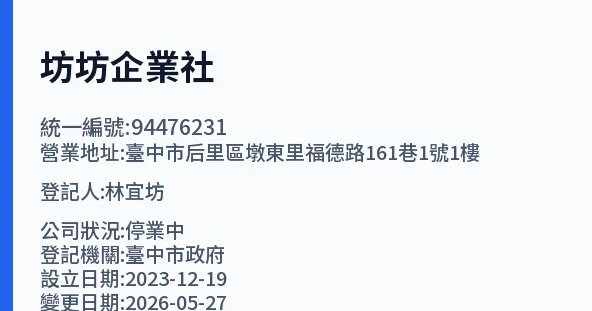 坊坊企業社的照片-統編 94476231(臺中市) 公司登記資料與營業項目詳細圖表