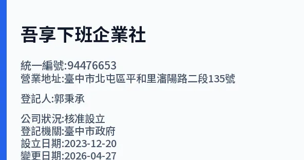 吾享下班企業社的照片-統編 94476653(臺中市) 公司登記資料與營業項目詳細圖表