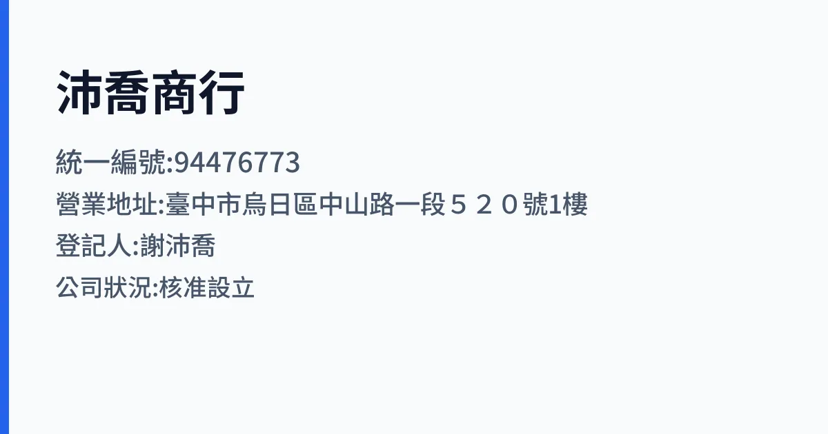 沛喬商行 - 統編 94476773(臺中市) 公司登記資料與營業項目詳細圖表