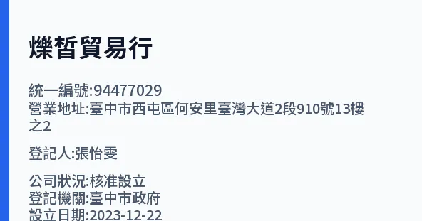 爍皙貿易行的照片-統編 94477029(臺中市) 公司登記資料與營業項目詳細圖表