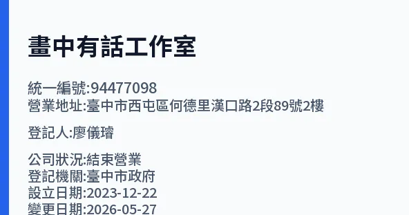畫中有話工作室的照片-統編 94477098(臺中市) 公司登記資料與營業項目詳細圖表