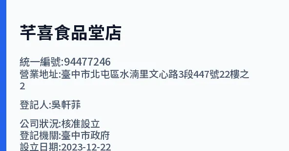 芊喜食品堂店的照片-統編 94477246(臺中市) 公司登記資料與營業項目詳細圖表