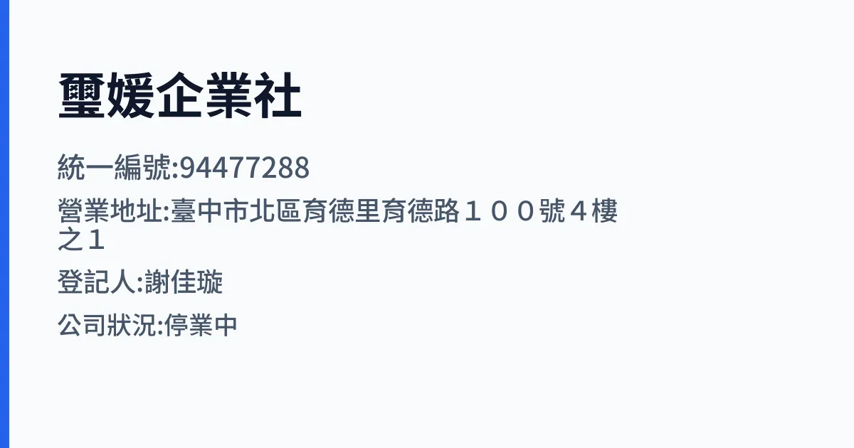 璽媛企業社 - 統編 94477288(臺中市) 公司登記資料與營業項目詳細圖表