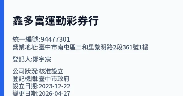 鑫多富運動彩券行的照片-統編 94477301(臺中市) 公司登記資料與營業項目詳細圖表