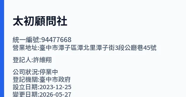 太初顧問社的照片-統編 94477668(臺中市) 公司登記資料與營業項目詳細圖表