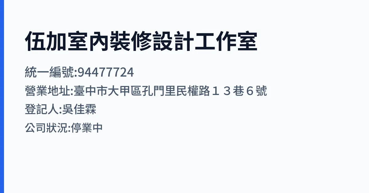 伍加室內裝修設計工作室 - 統編 94477724(臺中市) 公司登記資料與營業項目詳細圖表