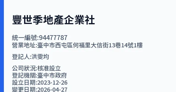 豐世季地產企業社的照片-統編 94477787(臺中市) 公司登記資料與營業項目詳細圖表