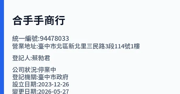合手手商行的照片-統編 94478033(臺中市) 公司登記資料與營業項目詳細圖表