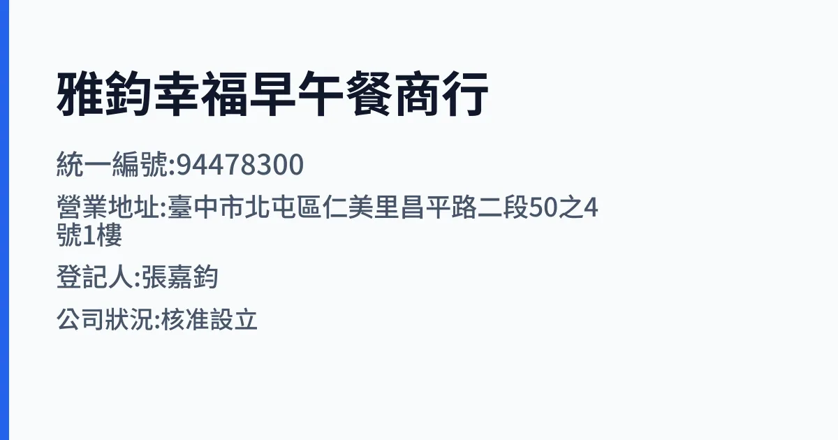 雅鈞幸福早午餐商行 - 統編 94478300(臺中市) 公司登記資料與營業項目詳細圖表