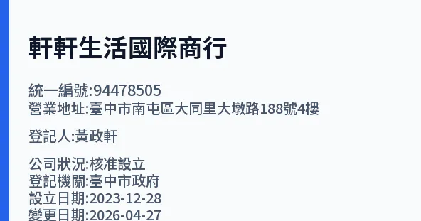 軒軒生活國際商行的照片-統編 94478505(臺中市) 公司登記資料與營業項目詳細圖表