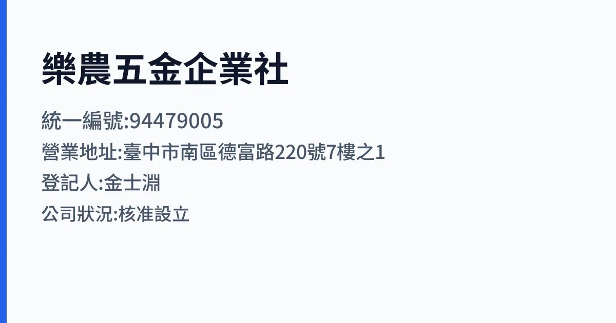 樂農五金企業社 - 統編 94479005(臺中市) 公司登記資料與營業項目詳細圖表