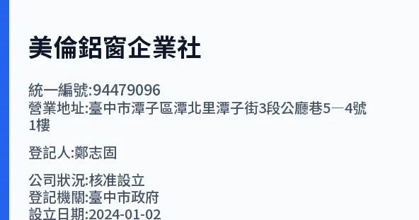 美倫鋁窗企業社的照片-統編 94479096(臺中市) 公司登記資料與營業項目詳細圖表