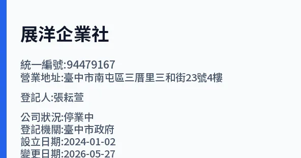 展洋企業社的照片-統編 94479167(臺中市) 公司登記資料與營業項目詳細圖表