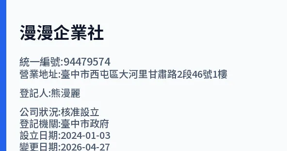 漫漫企業社的照片-統編 94479574(臺中市) 公司登記資料與營業項目詳細圖表