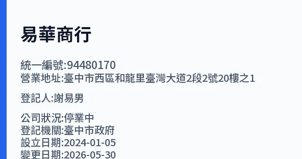 易華商行的照片-統編 94480170(臺中市) 公司登記資料與營業項目詳細圖表
