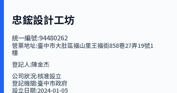 忠鋐設計工坊的照片-統編 94480262(臺中市) 公司登記資料與營業項目詳細圖表