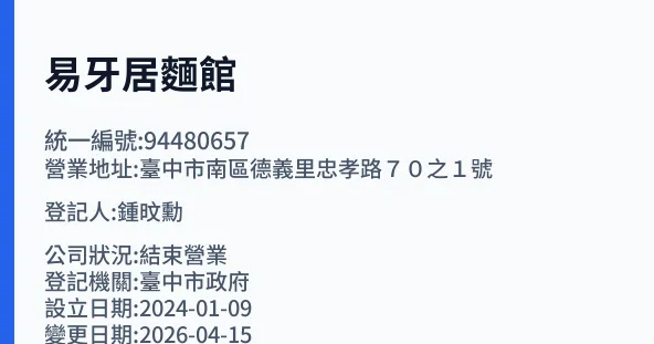 易牙居麵館的照片-統編 94480657(臺中市) 公司登記資料與營業項目詳細圖表