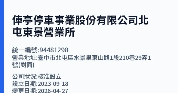 俥亭停車事業股份有限公司北屯東景營業所的照片-統編 94481298(臺中市) 公司登記資料與營業項目詳細圖表