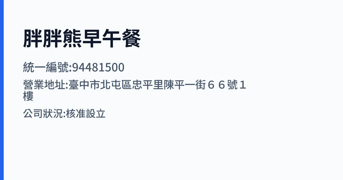 胖胖熊早午餐 - 統編 94481500(臺中市) 公司登記資料與營業項目詳細圖表