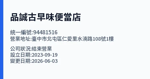 品誠古早味便當店的照片-統編 94481516(臺中市) 公司登記資料與營業項目詳細圖表