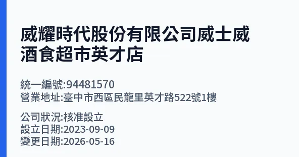 威耀時代股份有限公司威士威酒食超市英才店的照片-統編 94481570(臺中市) 公司登記資料與營業項目詳細圖表