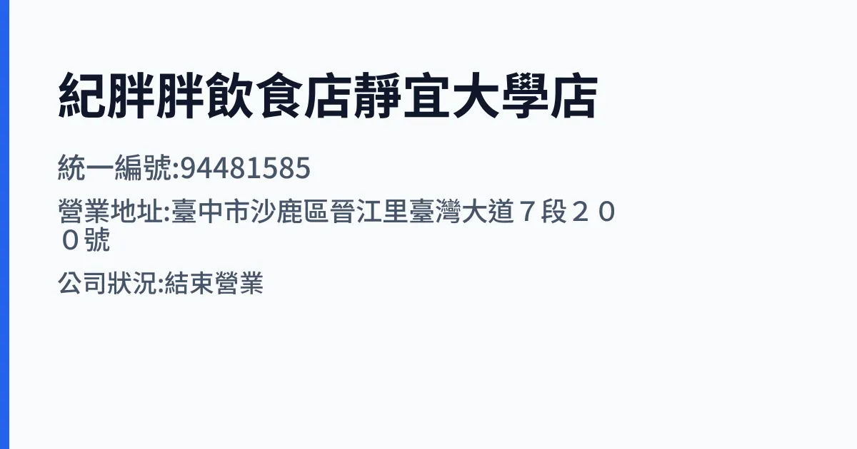 紀胖胖飲食店靜宜大學店 - 統編 94481585(臺中市) 公司登記資料與營業項目詳細圖表