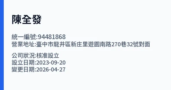 陳全發的照片-統編 94481868(臺中市) 公司登記資料與營業項目詳細圖表